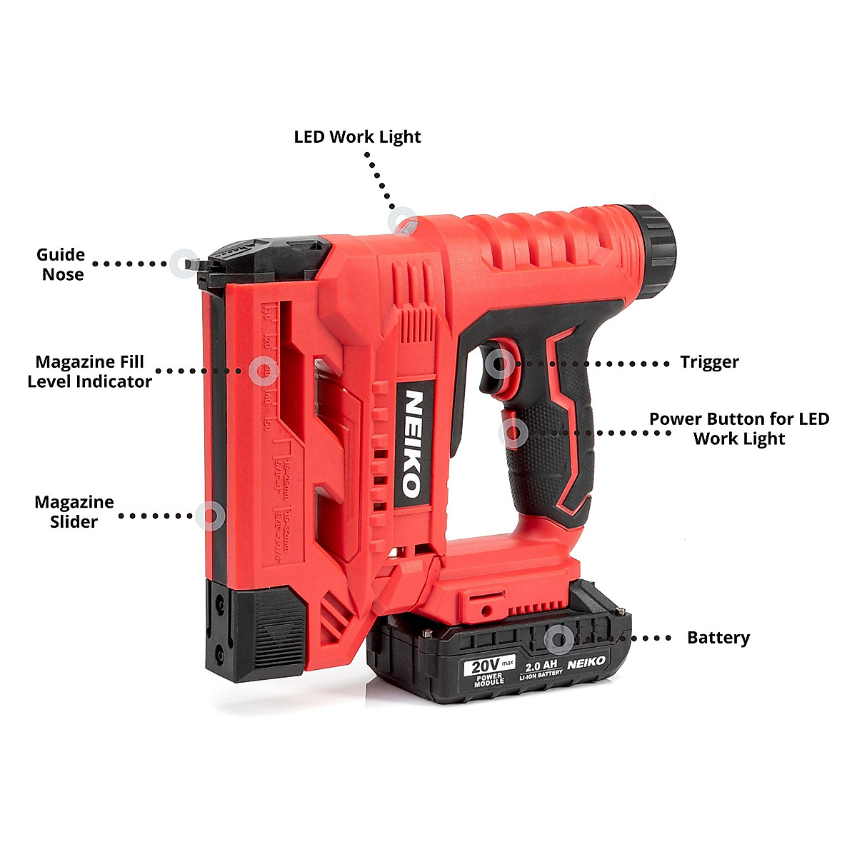 NEIKO 02651A Nail Gun Battery Powered Cordless Brad Nailer & Stapler, 18 Gauge, 2 in 1 Rechargeable Staple Gun & Battery Powered Nail, Cordless Nail Gun, 20V 2.0Ah, Electric Cordless Finish Nailer