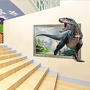 BOSUE SLLXG 3D Dinosaur World Wall Decals Kids Wall Stickers Peel＆Stick Tyranosaurus Home Decor Dinosaur Break Through The Wall Art Murals for Kids Teen Nursery Bedroom Living Room Bathroom Decor