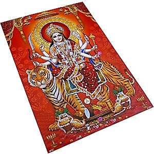 crafts of india best of indian crafts store Goddess Durga Poster/Reprint Hindu Goddess Sheran Wali Mata Picture with Glitter (Unframed : Size 5"X7" inches)
