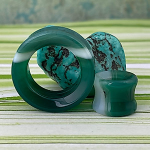 Mystic Metals Body Jewelry Pair of Green Line Agate Stone Concave Double Flared Tunnels (STN-746) (5/8" (16mm))