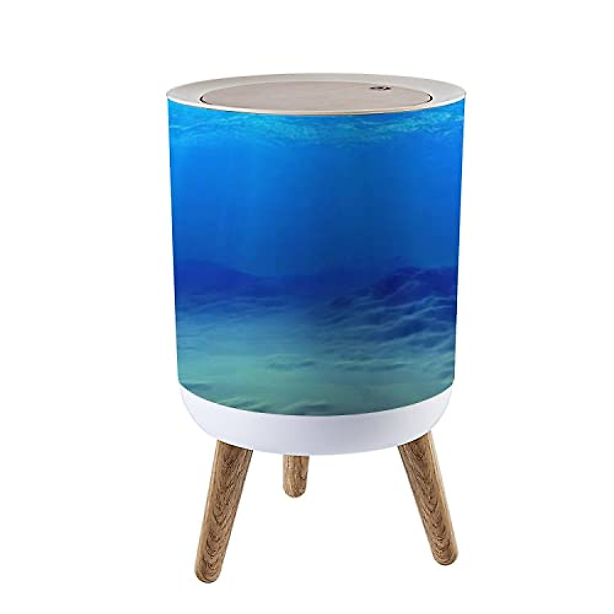 Trash Can with Lid Underwater with a Sandy Bottom and Sunbeams Press Cover Small Garbage Bin Round with Wooden Legs Waste Basket for Bathroom Kitchen Bedroom 7L/1.8 Gallon