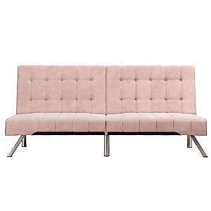 DHP Emily 71 Inch Futon Sofa Bed Fabric, Armless Upholstered Couch Sleeper with Tufted Back and Seat, Mid-Century Modern, Pink Velvet
