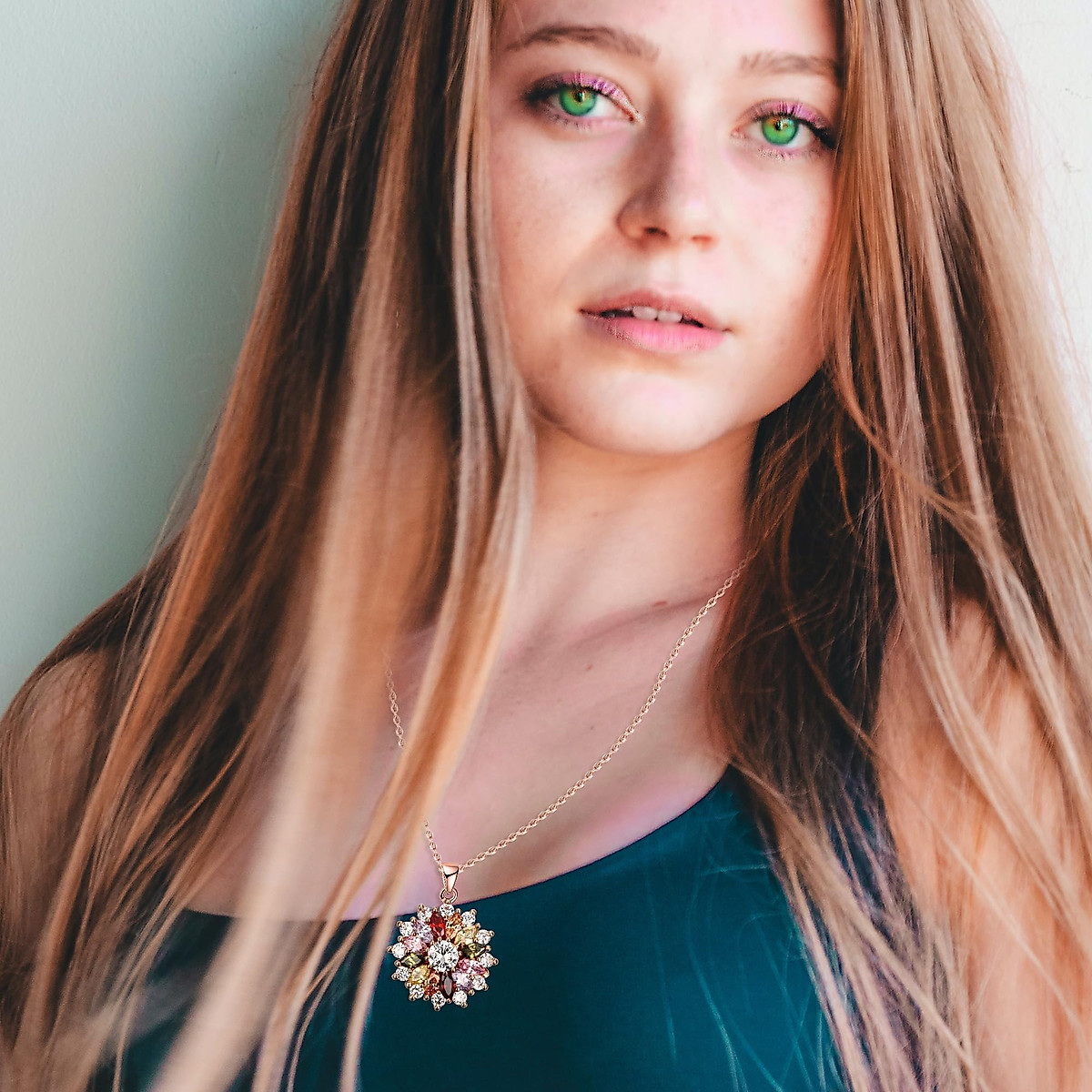 WSKFLY Colorful Snowflake Pendant Necklace, Rose Gold Plated Multi Gemstone Necklaces Marquise Cubic Zirconia Necklace for Women, 18+2 inch