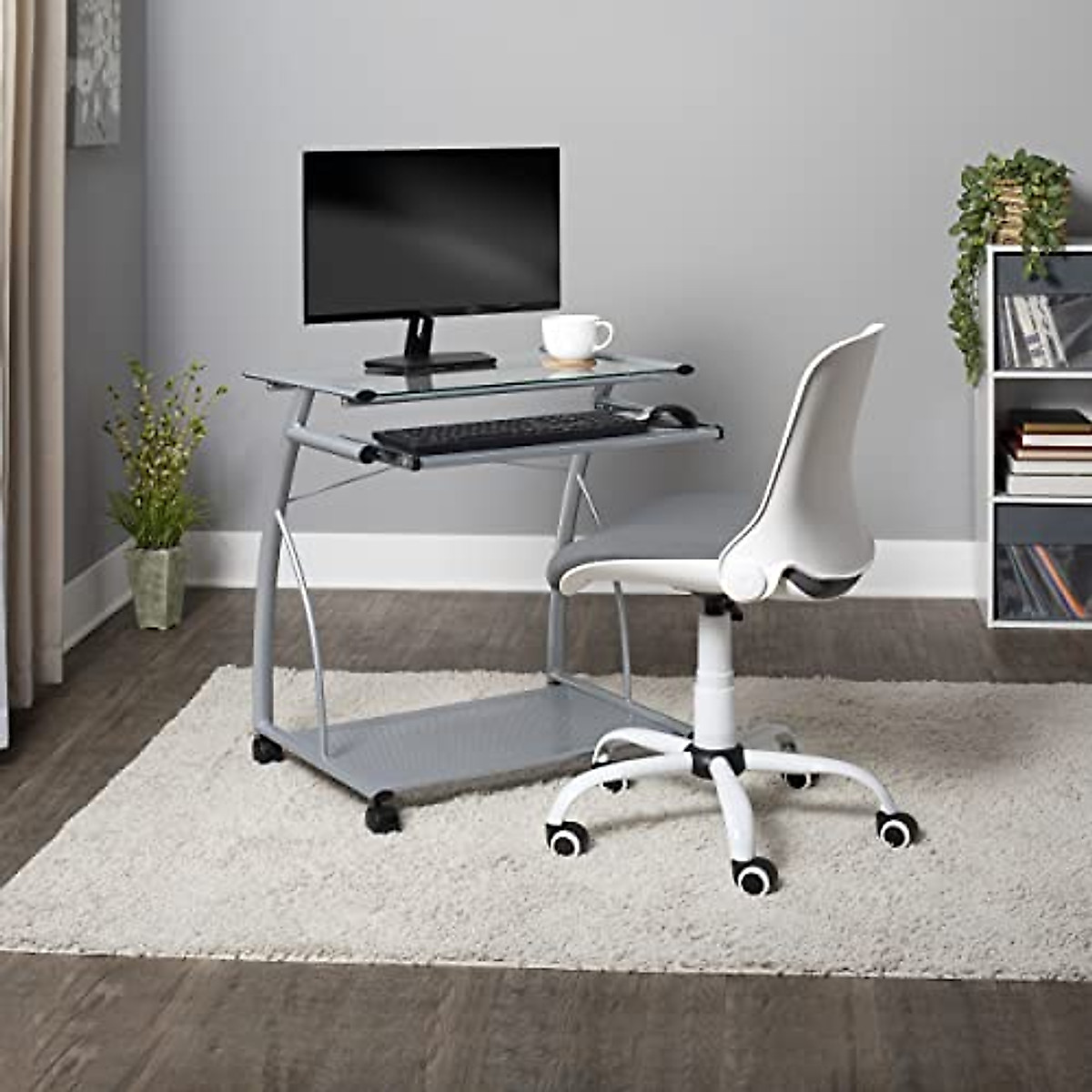 Calico Designs 50101 L-Shaped Computer Cart with Clear Glass, Silver