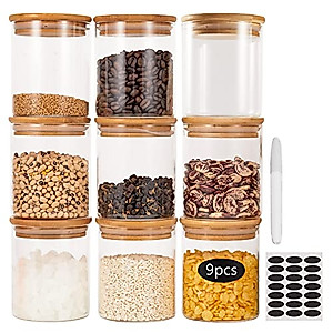 9pcs Glass Jars with Airtight Bamboo Lids,17 oz 500ml Wide Mouth Clear Glass Food Storage Containers,Glass Kitchen Canisters with Labels for Coffee Bean,Candy,Tea,Spices,Nuts and More Dry Goods