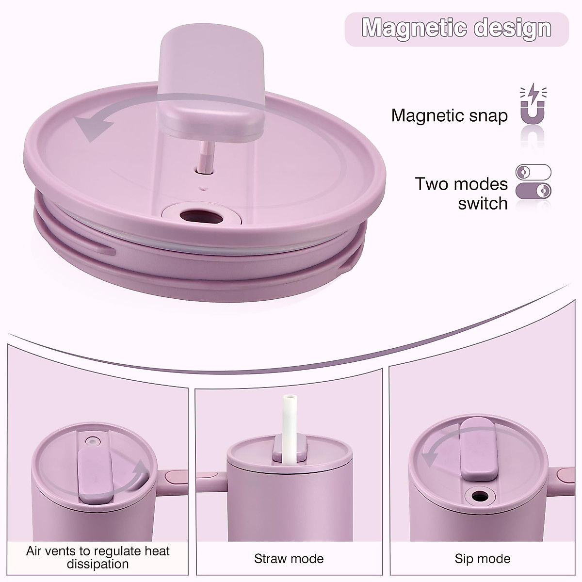 Pawtong 40oz Magnetic Lid Insulated Tumbler with Handle, 360° Rotating & Removable Cover, Leak-Proof Travel Mug with Soft Silicone Straw for Drivers, Commuters, Road Trips, Dishwasher Safe (Purple)