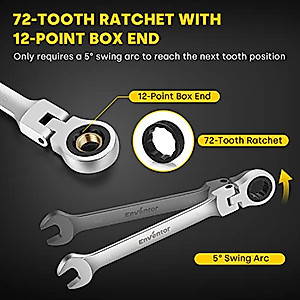 Enventor 180° Flex Head Ratcheting Wrench Set, 12 Pieces SAE 1/4-7/8", CRV Steel, 72-Teeth, 12-Point Combination Ratchet Wrenches Set with Rolling Pouch