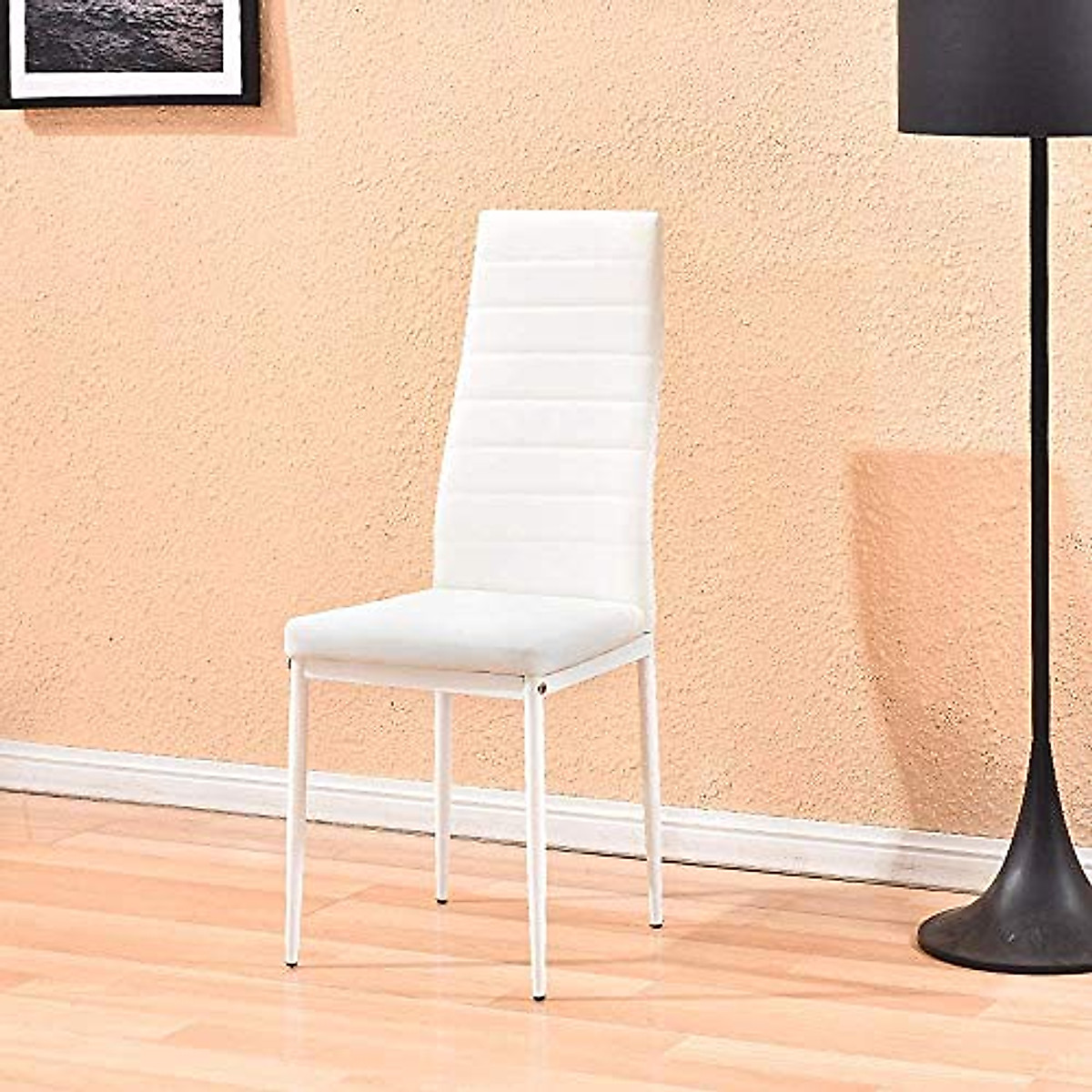 4HOMART Yvonne&F.L.A.M. 7PCS Dining Table and White Chairs Set Glass Dining Kitchen Table Set Modern Tempered Glass Top Table and White PU Leather Chairs
