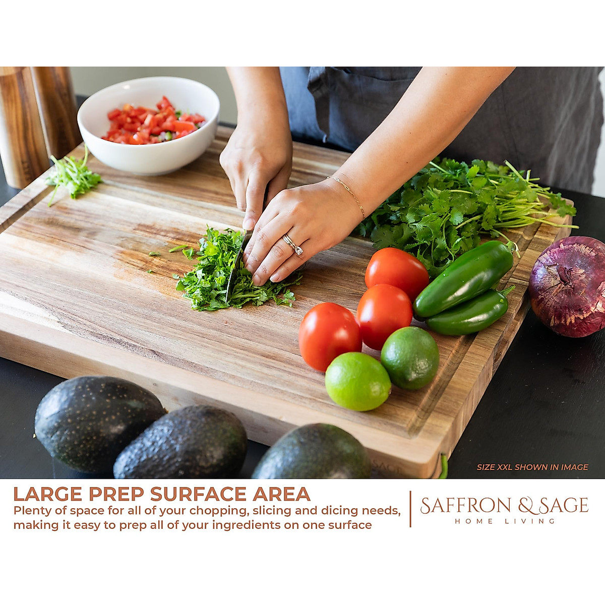 Saffron & Sage Extra Large Wood Cutting Board - Thick 23 x 17 x 1.5 Inch Acacia Wooden Cutting Boards for Kitchen use with Deep Juice Groove, Reversible Chopping Board Doubles as a Charcuterie Board