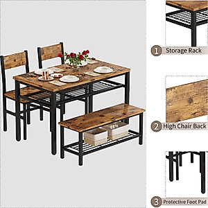 AWQM 4 Pieces Kitchen Table Set, Industrial Dining Table with 2 Chairs and Bench, Storage Racks, Space-Saving Table Set for Small Space, Apartment, Living-Room, Restaurant, Vintage Brown