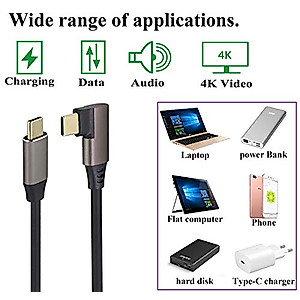AAOTOKK 90 Degree USB 3.1 Type c to Type C Cable 60W&3A Right & Left Angled 3.1 USB Type C Male Extension Cable Supports Charging,Data,Audio,Video Cable for Laptop&Tablet&Mobile Phone.(0.3M/1Ft)