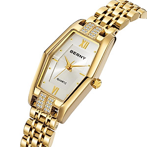 BERNY Gold Watches for Women Dainty Hexagon Ladies Quartz Wrist Watches Stainless Steel Band Fashion Analog Watch Luxury Bracelet(White Dial)
