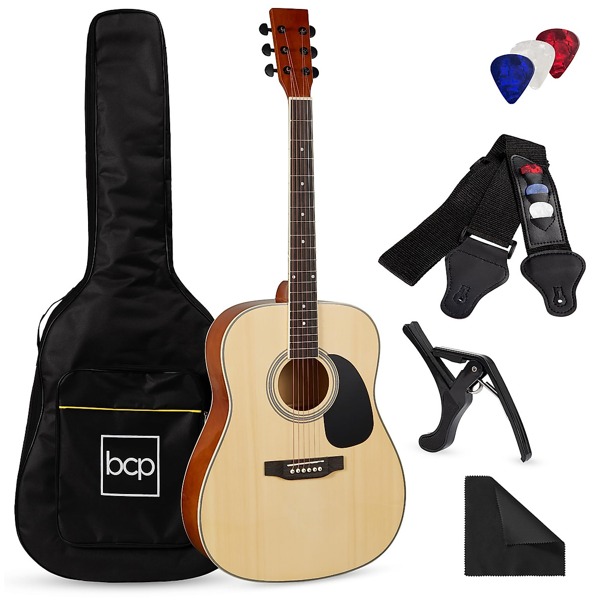 Best Choice Products 41in Full Size Beginner All Wood Acoustic Guitar Starter Set w/Case, Strap, Capo, Strings, Picks - Natural