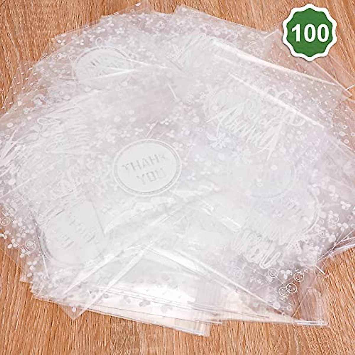 Konsait 100Count Thank You Cookie Candy Treat Bags Self-Adhesive Sweets Biscuit Dessert Bags Plastic Bags Packaging Thank You Cellophane Gift Goody Bags for Bithday Summer Party Favors Supplies
