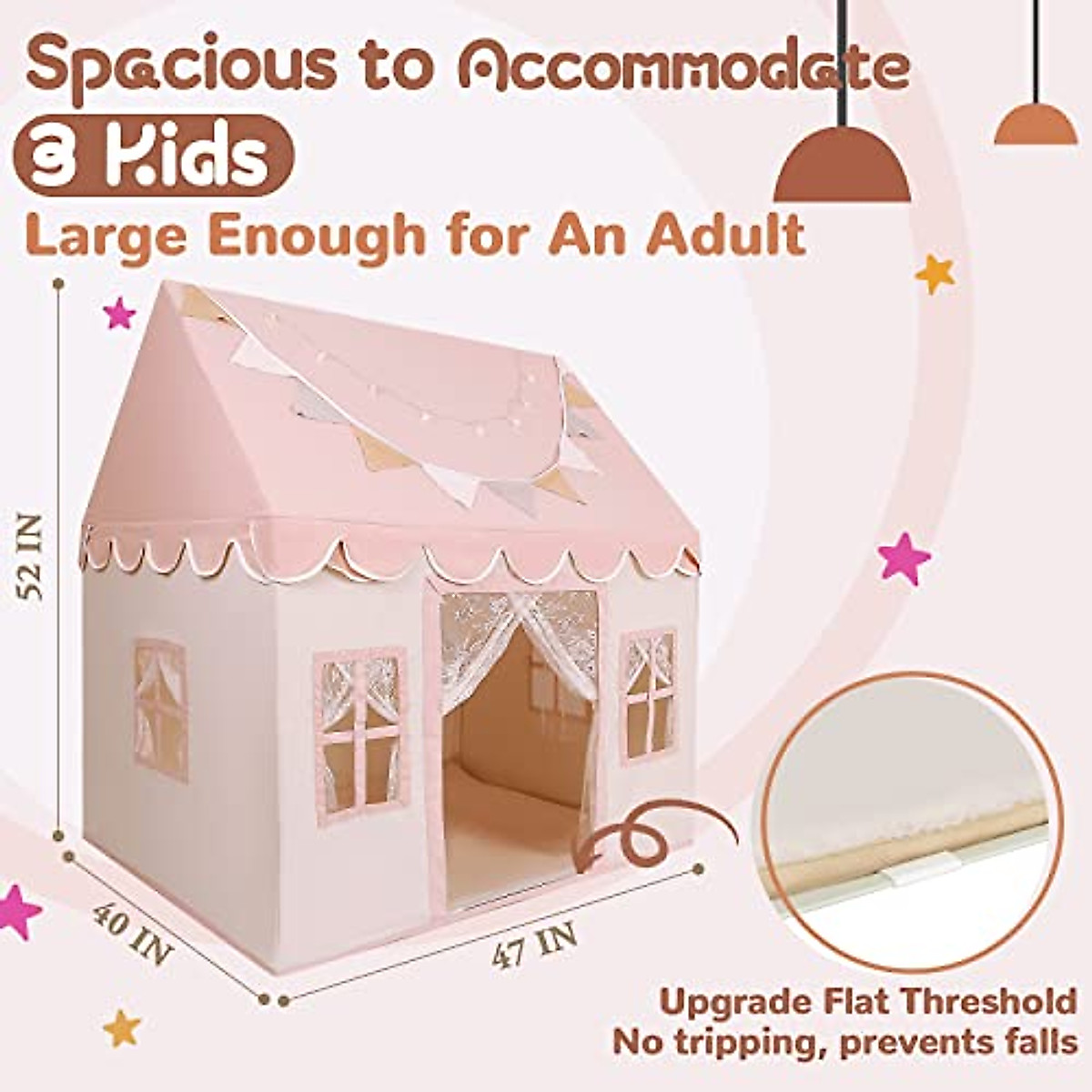 Kids Play Tent with Non-Slip Mat, Star Lights, Decorating Flag, Lace Curtains Playhouse with 4 Windows, Machine Washable, Indoor and Outdoor Play Tent for Kids, Girls, Pink, 47" x 40" x 52"
