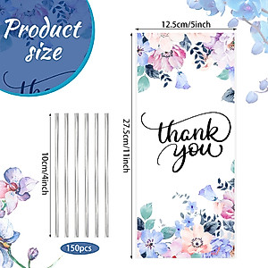 100 Pieces Floral Thank You Treat Bags Floral Cellophane Bags Blessing Candy Bag Flower Pattern Cello Treat Bags with 150 Pieces Silvery Twist Ties for Chocolate Candy Snacks Cookies Birthday Party