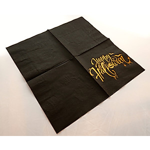 Halloween Party Napkins - 100 Pack Happy Halloween Disposable Black Paper Napkins with Orange Gold Foil - 6.5" x 6.5" for Halloween Decoration and Halloween Party Events
