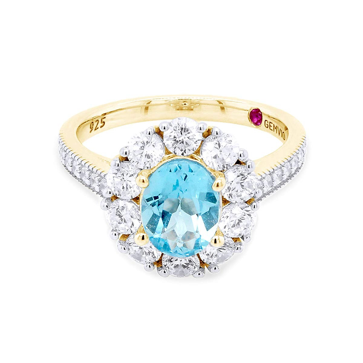 GEMVIO Collection 3 1/2 CT Cluster Halo Design, 6X8MM Oval Blue Topaz & Cubic Zirconia Ring 14k Yellow Gold Over Sterling Silver Engagement Wedding Promise Ring For Womens (3.50Cttw) Ring Size-7.5