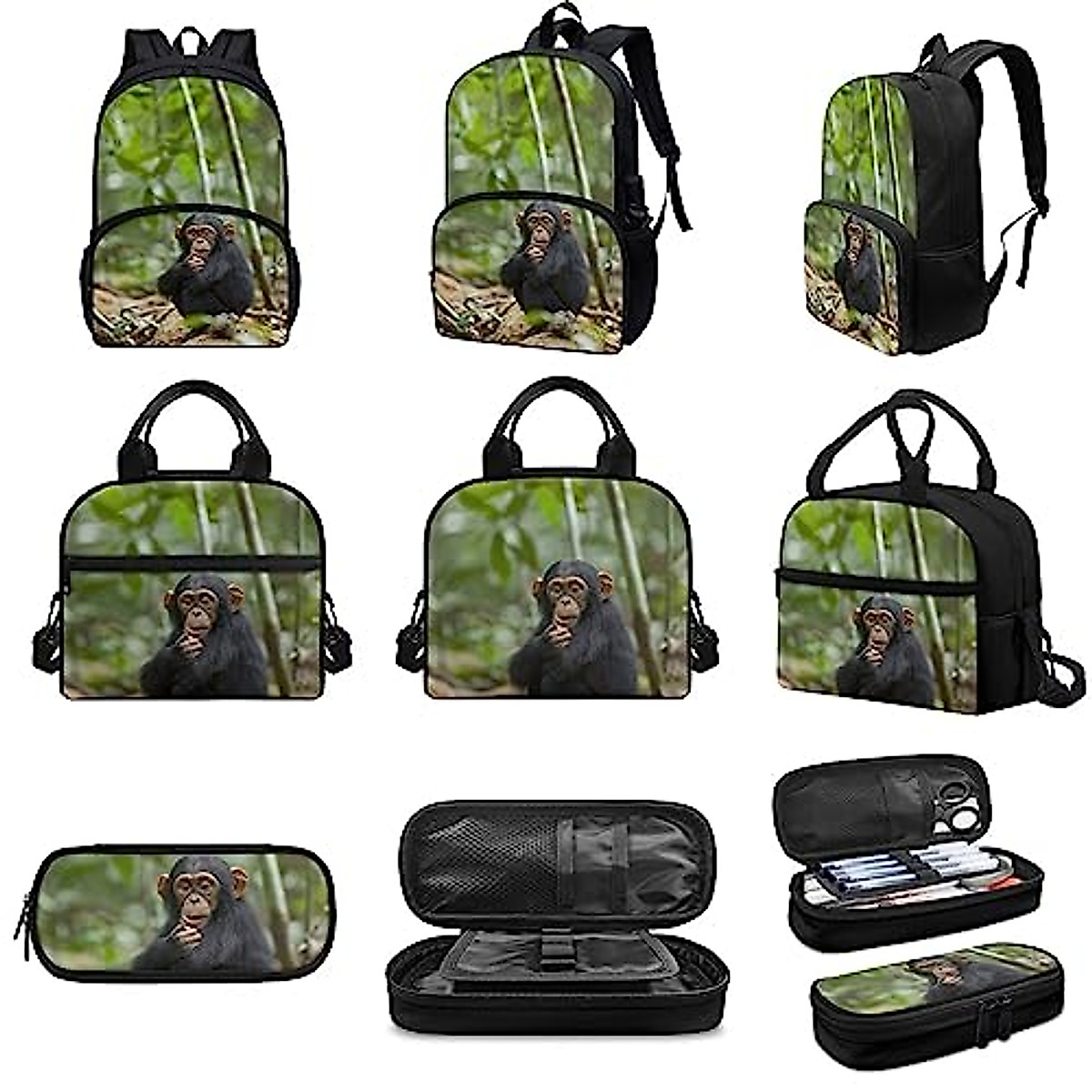 Chimpanzee Backpack Lunchbox Set School Bookbag with Lunch Bag and Pencil Case Pen Stationery Bag