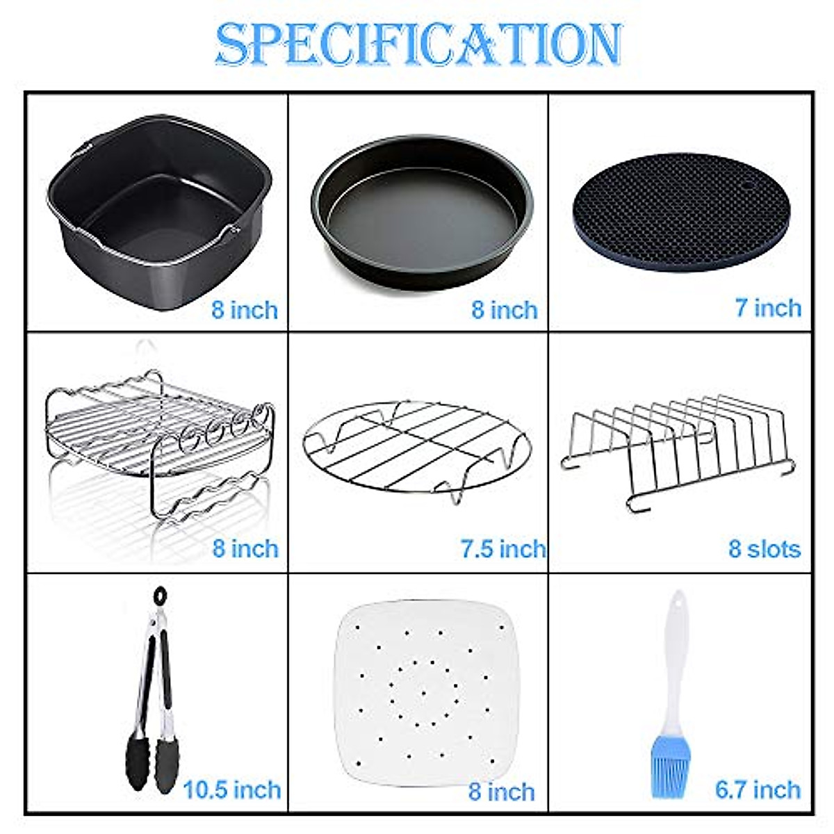 Square Air Fryer Accessories 11 pcs with Recipe Cookbook Compatible for Philips Air Fryer, COSORI and other Square AirFryers and Oven, Deluxe Deep Fryer Accessories Set of 12 (8 inch)