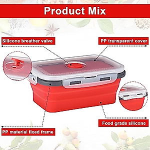 Mifoci 12 Pack Collapsible Bowls Bulk with Leak Proof Lids 17oz Rectangle Silicone Food Storage Containers Stack Food Container for Camping Kitchen, Microwave Dishwasher Freezer Safe (Grey Edge Red)