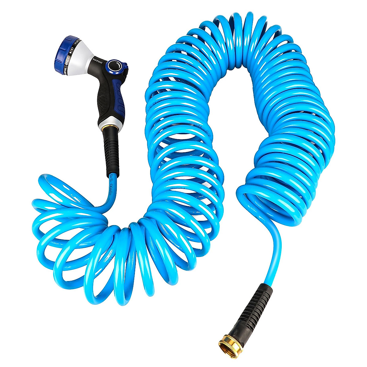 YOTOO Polyurethane Recoil Garden Hose 3/8 in. x 50 ft, Heavy Duty Garden Hose with Spray Nozzle, Bend Restrictor, G3/4" Swivel Solid Brass Fitting, Blue