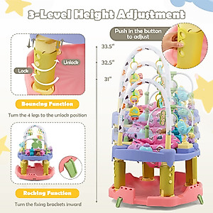 HONEY JOY Baby Bouncer Activity Center, 3-Stage Bouncing Activity Saucer & Playtime Mat & Activity Table, Toy-Bar, 3 Adjustable Heights, Foldable Exersaucer for Infants & Toddlers(Pink)