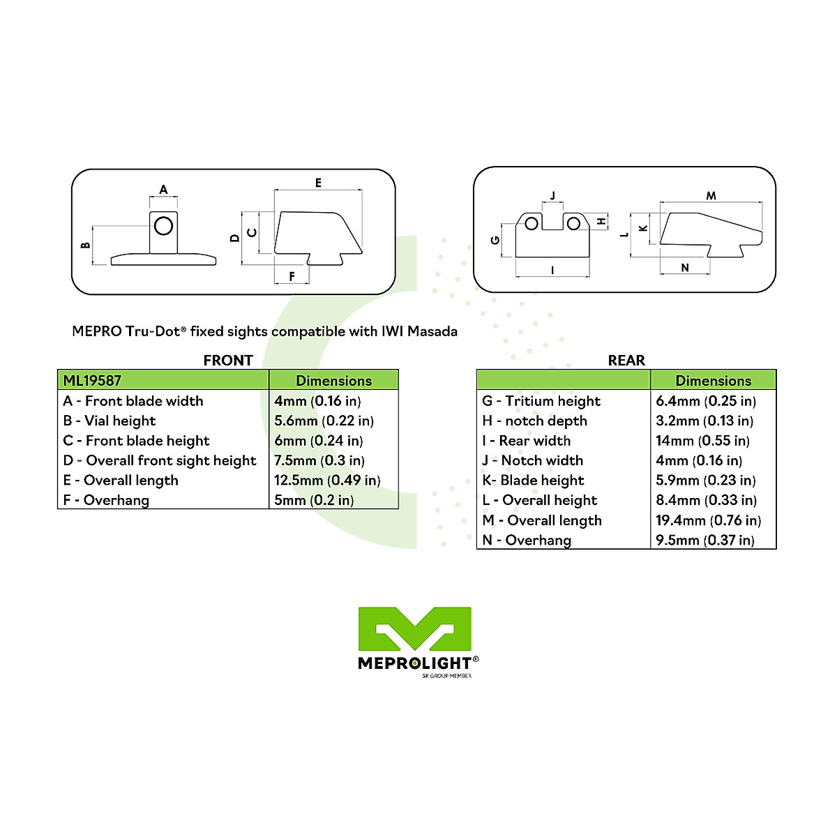 Mepro Tru-Dot tritium Night Sights Compatible with IWI Masada 9 (not Masada Slim) Green dots Glow on Sight self Illuminated Meprolight Fixed Metal Sights
