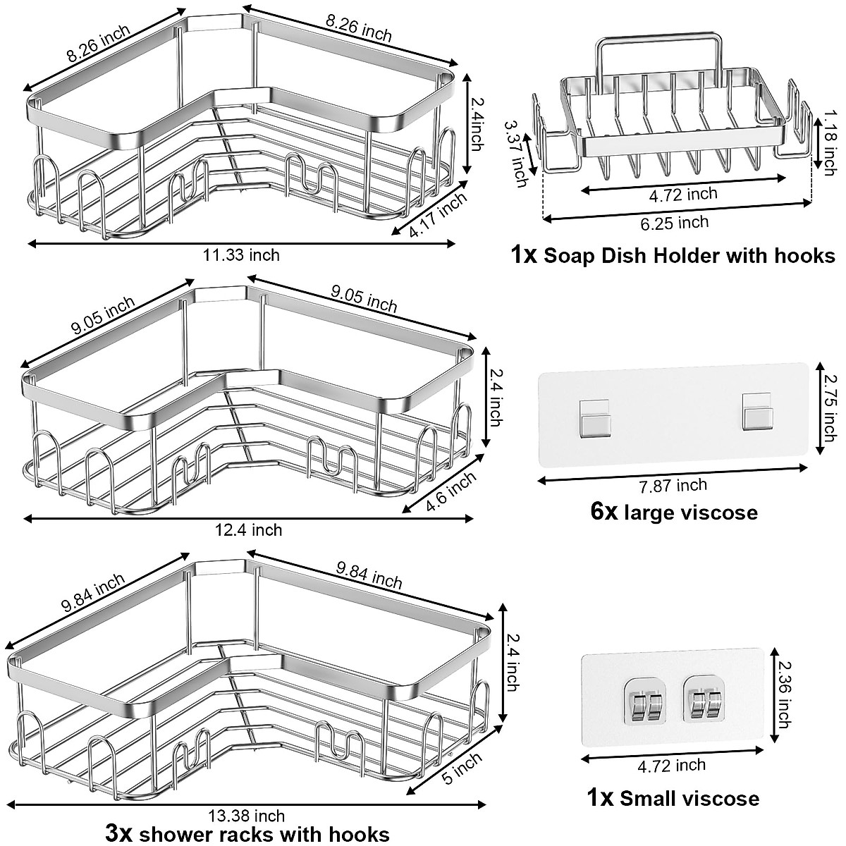stusgo 4 Pack Corner Shower Caddy with Soap Holder, Adhesive Shower Shelves No Drilling, Rustproof Stainless Steel Bathroom Shower Organizer with Hooks, Shower Shelf for Inside Shower, Silver