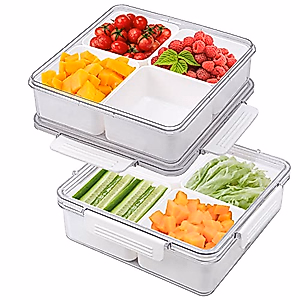MineSign 2Pack Divided Veggie Tray with Lid for Snack Serving Container Salad Keeper with 4 Removable Boxes Stackable Refrigerator Organizer Bins Produce Saver for Meal Prep Fruit