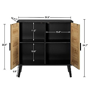 Iwell Boho Sideboard Buffet Cabinet, Kitchen Storage Cabinet with Natural Rattan Door & 2 Adjustable Shelves, Rattan Cabinet, Accent Cabinet for Living Room, Kitchen, Entryway, Black