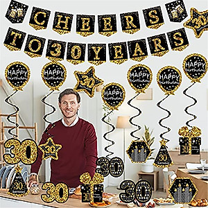 30th birthday decorations for him - (21pack) cheers to 30 years black gold glitter banner for him her, 6 paper Poms, 6 Hanging Swirl, 7 decorations stickers. 30 Years Old Party Supplies gifts for men