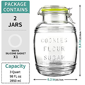 Qianfenie 98 oz Glass Jars with Lids - Glass Storage Jars, 3 Quarts Barrel Jars with Airtight Lids for Kitchen Canisters, 2 Pack