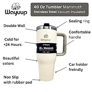 Wayuup 40 oz Tumbler with Handle and Straw Lid, Stainless Steel Vacuum Insulated Double Wall Water Bottle Leak-proof, Non Slip more than 24 Hrs or Hot for 6 Hrs (Bone), WPM40