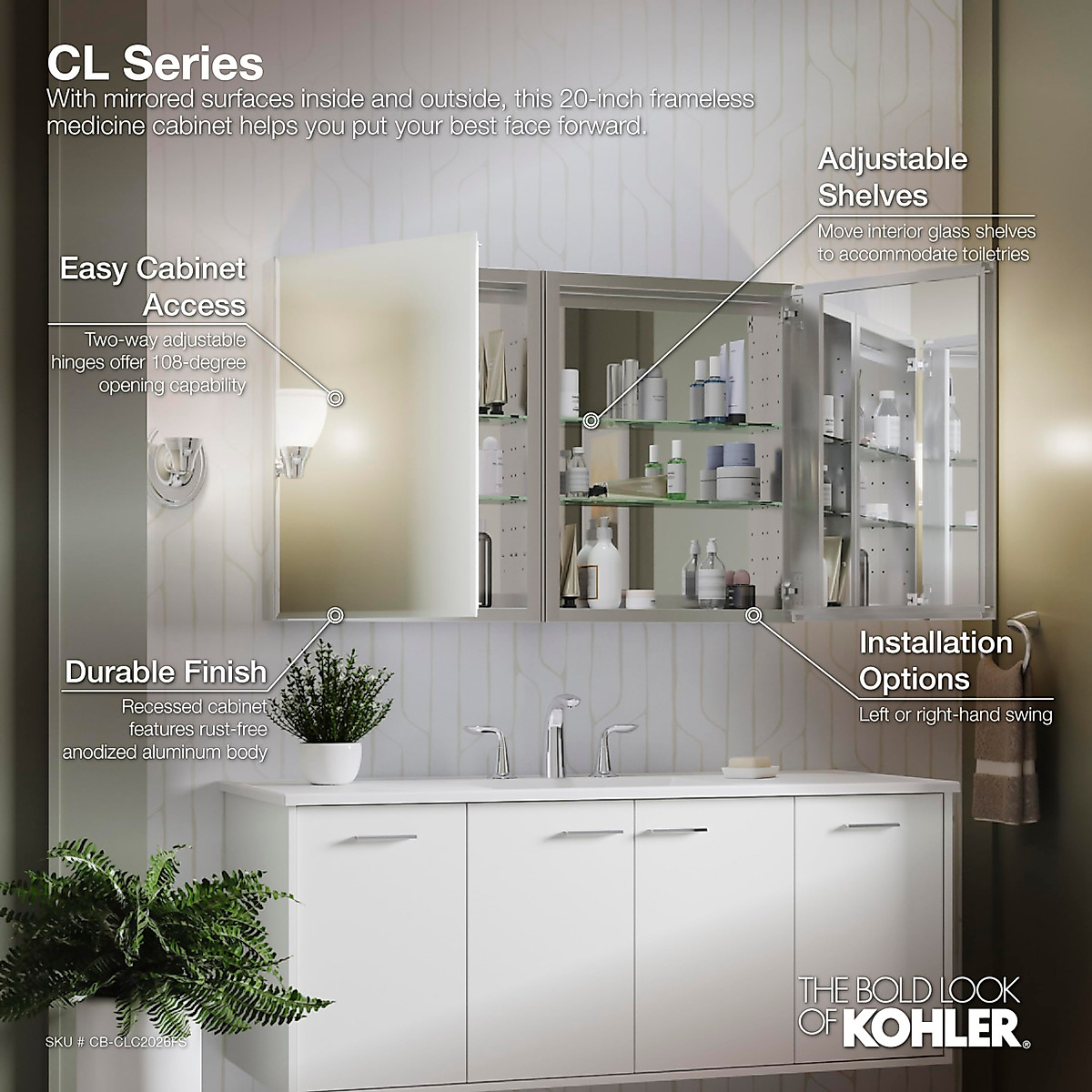 KOHLER CLC Flat, Single Medicine Cabinet with Mirrored Door, 20” Width x 26” Height, Aluminum, Frameless with Beveled Edges, One Size, Silver