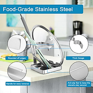 SOLEADER Vertical Spoon Rest and Lid Stand for Stove Top kitchen Utensils Pot Lid Holder and Organizer for Kitchen Counter Foodgrade Stainless Steel with Drip Tray and Handle