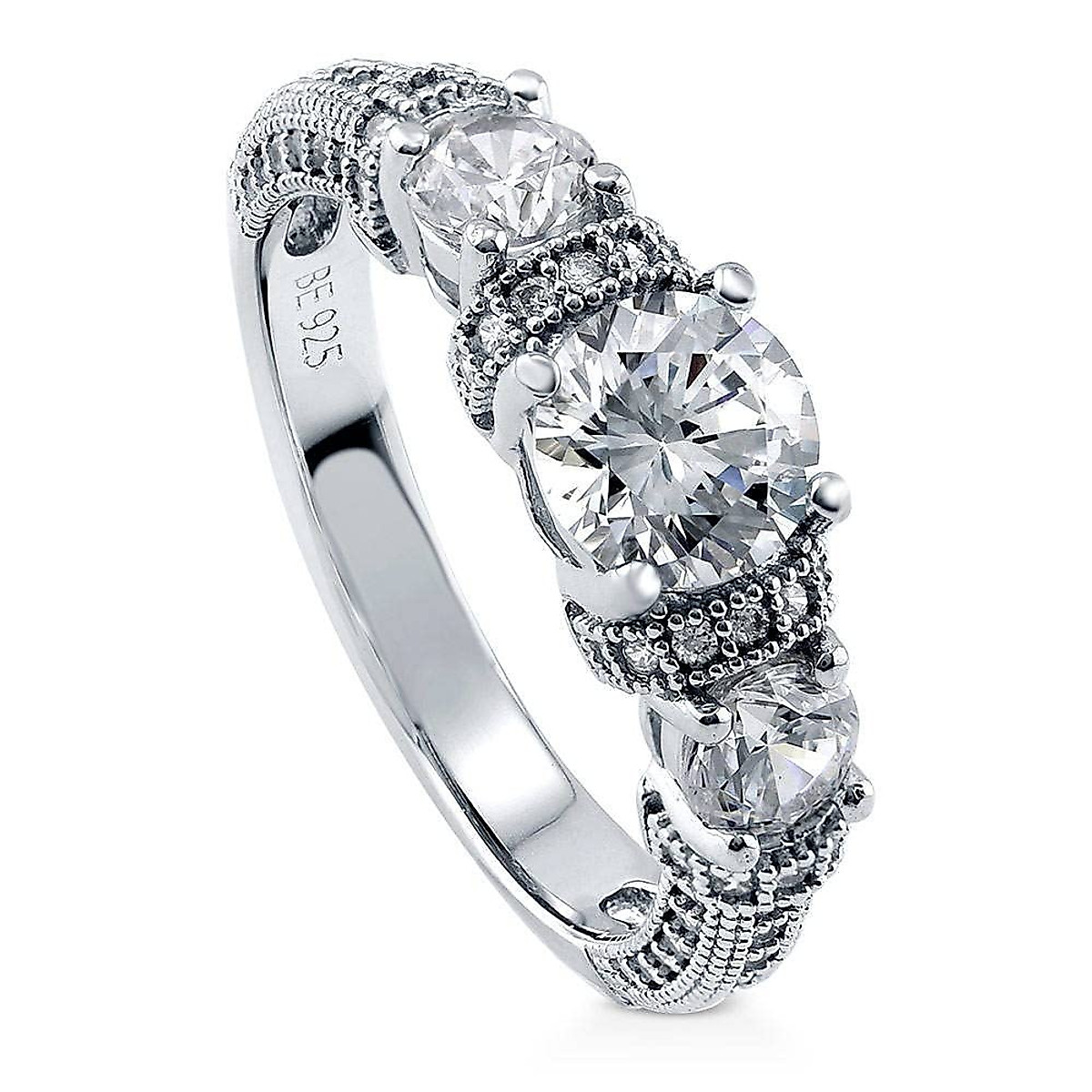 BERRICLE Sterling Silver 3-Stone Wedding Engagement Rings Round Cubic Zirconia CZ Art Deco Promise Ring for Women, Rhodium Plated Size 9