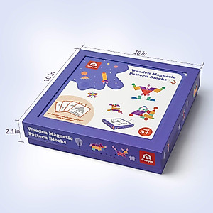 Coogam Wooden Magnetic Shape Puzzle Pattern Blocks Set, Tangram Geometric Manipulative Brain Teasers Toy Montessori Magnet Board Puzzle STEM Gift for Kids with 80 Challenges