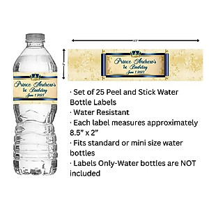 Prince Water Bottle Labels, Personalized Party Favors, Baby Shower, Pack of 25 Peel and Stick Waterproof Wrappers