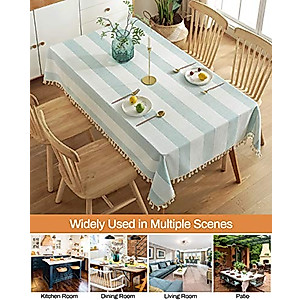 AmHoo Stitching Tassel Tablecloth Striped Table Cloth Rectangle Cotton Linen Dust-Proof Table Cover for Kitchen Dinning 54 x 86 Inch Teal