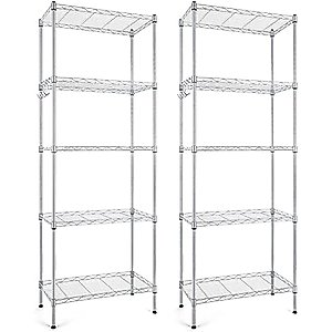 5-Shelf Shelving Units and Storage Heavy Duty, Wire Adjustable Shelf Utility Commercial Steel Organizer, Metal Shelves Wire Rack with 4 Hooks for Kitchen Bathroom Office and Garage, Set of 2 (Silver)
