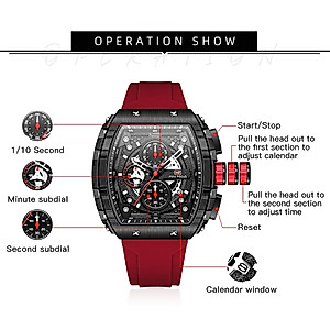 AIMES Watches for Men Fashion Hollow Tonneau Large Face Watches for Men Rectangle Luxury Work Big Dial Mens Watches Cool Analog Quartz Luminous Waterproof Wrist Watch Red Silicon Strap Dress Watch