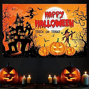 Halloween Party Decorations, Large Fabric Halloween Backdrop Pumpkin Lantern Cemetery Gate Spooky Night Banner Orange Moon Pumpkin Castle for Scary Halloween Party Supplies (Orange)