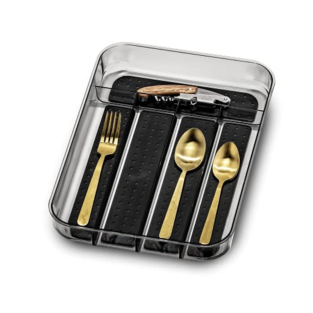 madesmart Premium Antimicrobial Clear Soft Grip Mini Silverware Tray Non-Slip Kitchen Drawer, 5 Compartments, Multi-Purpose Home Organization, EPA Certified, Carbon