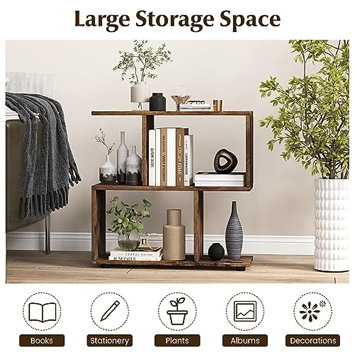 Giantex 3-Tier Geometric Bookshelf, 24" Tall Wood S-Shaped Display Shelves with Thick Foot Pads, Freestanding Open Shelves Nightstand, Floor Standing Display Shelf Bookcase, Brown