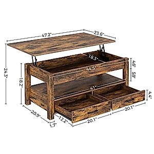 Rolanstar 47" Lift Top Coffee Table with Drawers and Hidden Compartment, Retro Central Table with Wooden Lift Tabletop, for Living Room, Rustic Brown