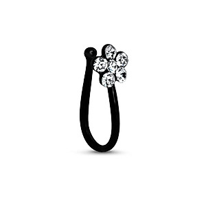 Black-Tone 925 Sterling Silver Fake Nose Hugger Clip On Non Piercing Clear Flower Nose Ring
