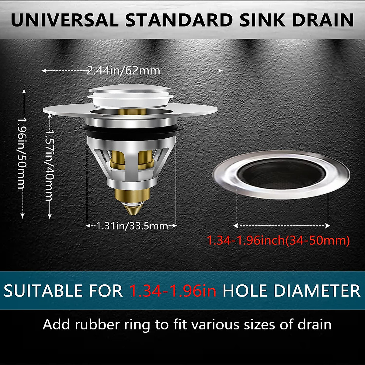 Bathroom Sink Drain Stopper | Upgraded Sink Strainer Basin Pop Up Drain Filter Plug with Anti-Clogging Hair Catcher for Bath Tub, Fits 1.34-1.96” Drain Hole