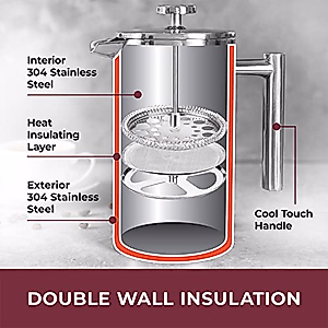 Mueller French Press Double Insulated 304 Stainless Steel Coffee Maker 4 Level Filtration System, No Coffee Grounds, Rust-Free, Dishwasher Safe