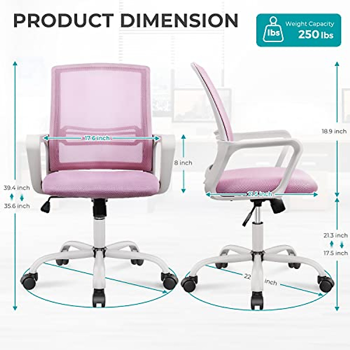 Office Chair Desk Chair Home Office Computer Chair with Wheels Mesh Office Chair with Lumbar Support, Mid Back Ergonomic Office Desk Chair with Armrests Adjustable Work Chairs, Pink